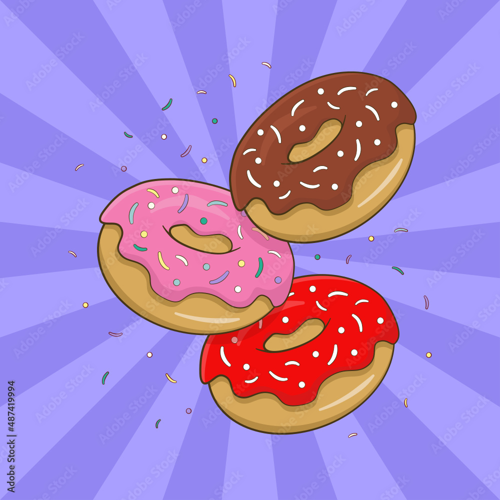 Falling donuts and sprinkles with rays background. Isolated. Vector ...