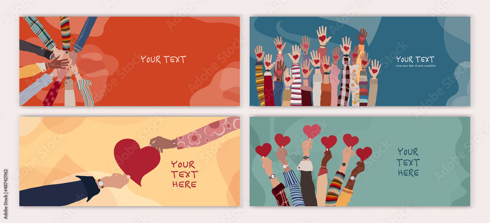 Banner - cover with group of volunteer multicultural people - editable ...