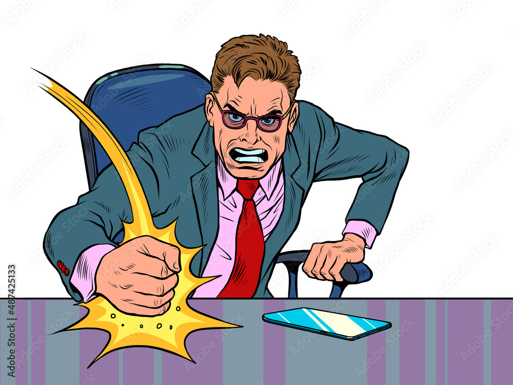 The evil businessman boss hits the table with his fist. Emotions in the ...