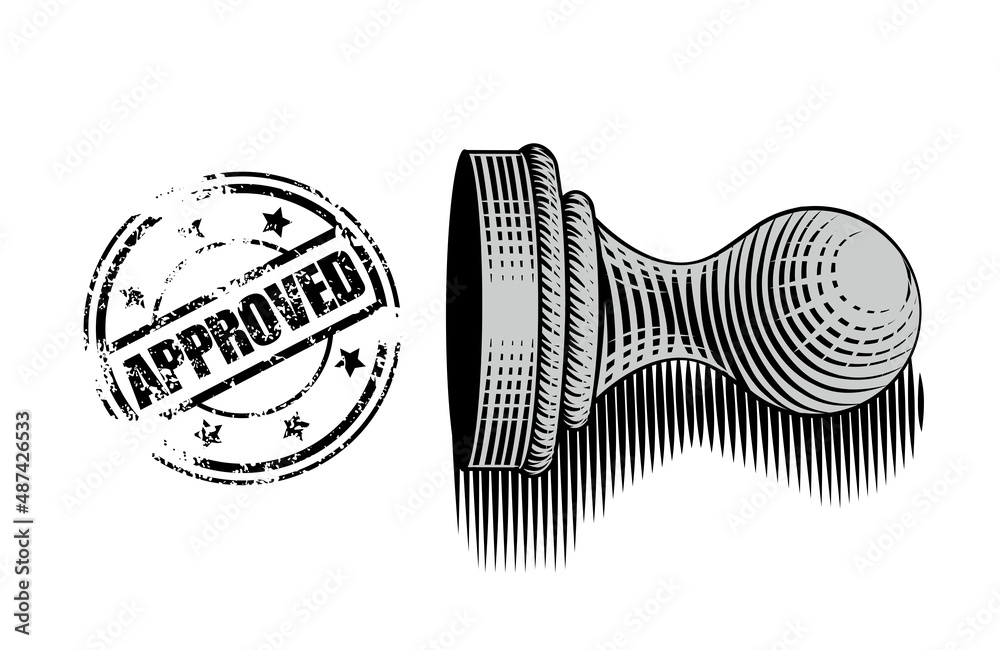 Engraved vintage drawing of a rubber stamp and round approved seal ...