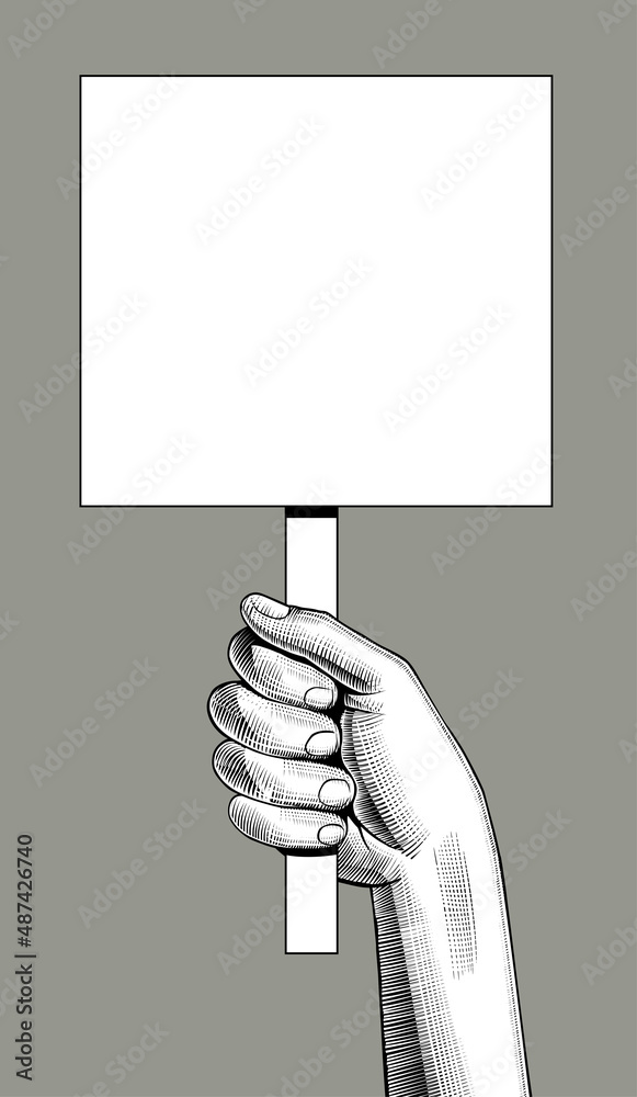 Engraved vintage drawing of a hand holding a white signboard template ...