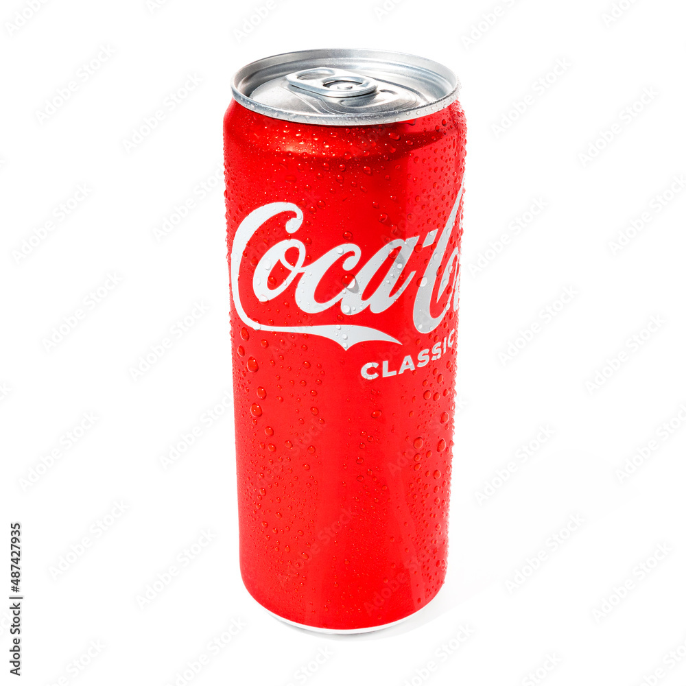 330ml can of Coca-Cola with water droplets isolated on white background ...