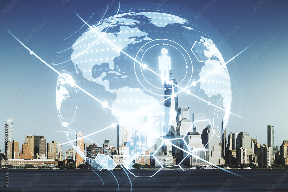 Virtual social network hologram and world map on New York city skyline ...
