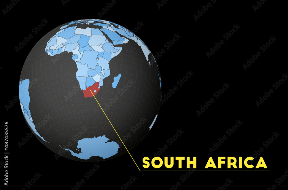 South Africa on dark globe with blue world map. Red country highlighted ...