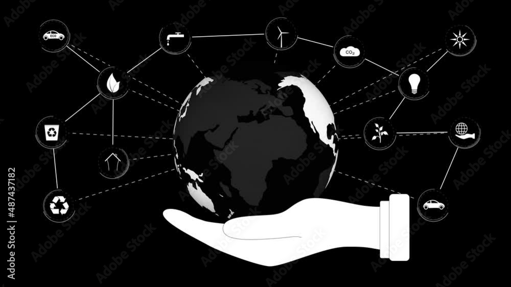 Hand holding transparent Earth globe with environment icon symbols ...