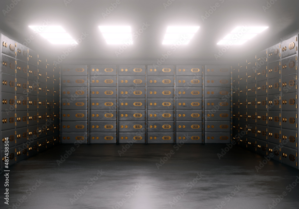 Realistic metal safe deposit boxes inside bank vault silver and gold ...