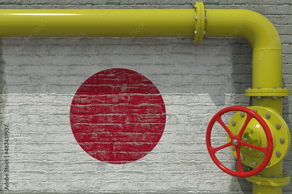 Flag of Japan and industrial pipe with valve. 3d rendering Stock ...