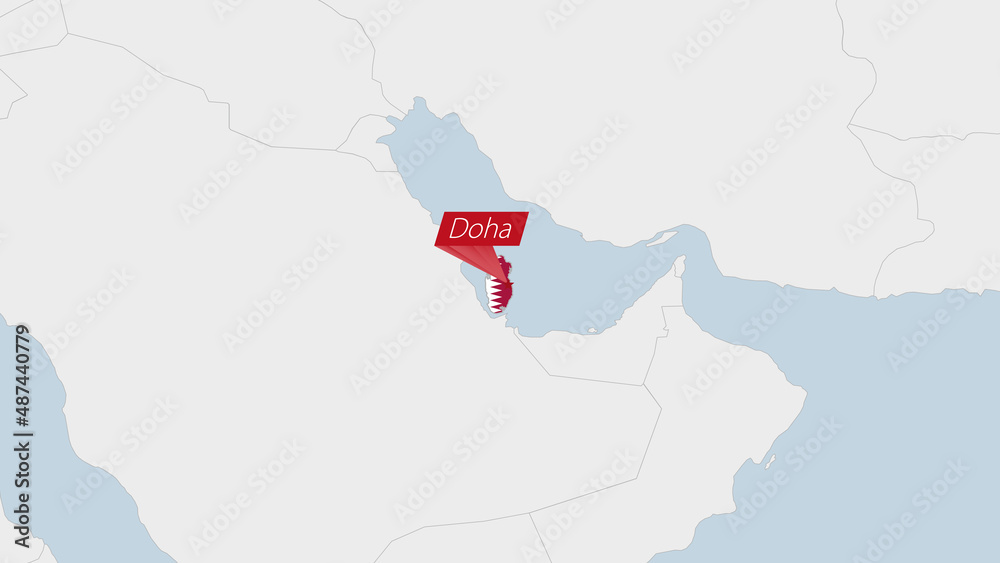 Qatar map highlighted in Qatar flag colors and pin of country capital ...