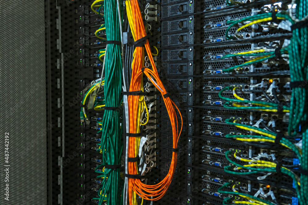 Server internet datacenter room, network. Fiber connectivity. Data ...