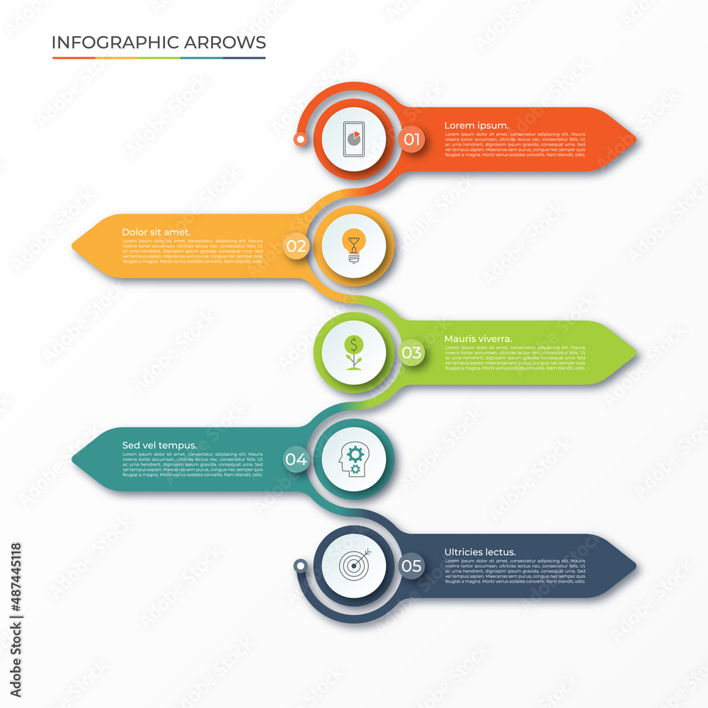Minimal arrow infographic template with 5 step arrows and circles with ...