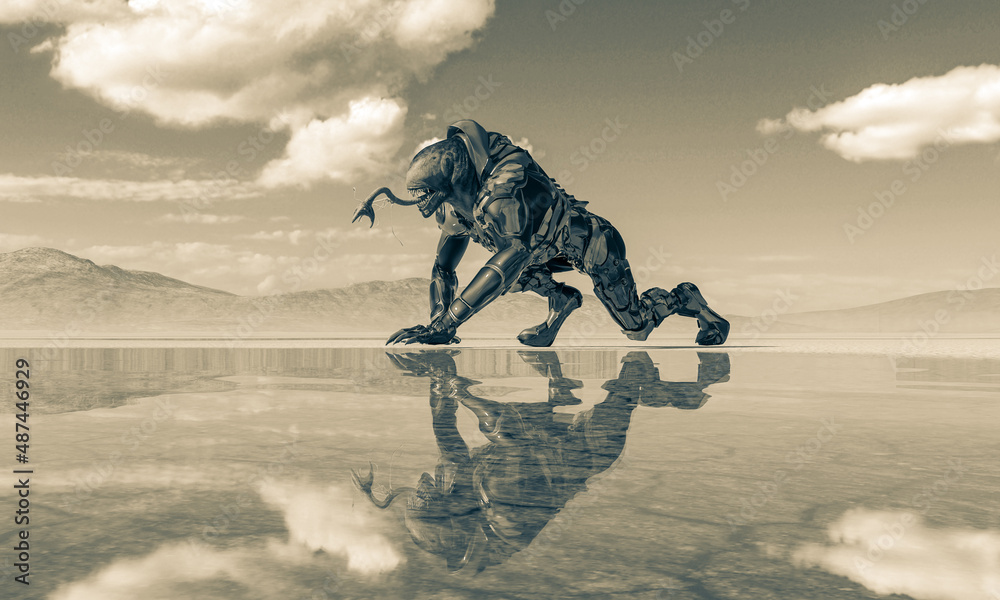 master alien is exploring the water in the desert after rain Stock ...