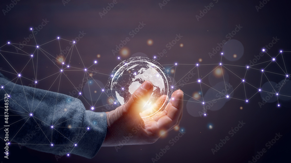 Man hand holding the virtual world. Internet connection concept with ...