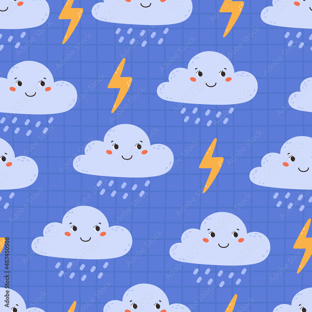 Cute childish seamless pattern with smiling cloud, rain and lightning ...