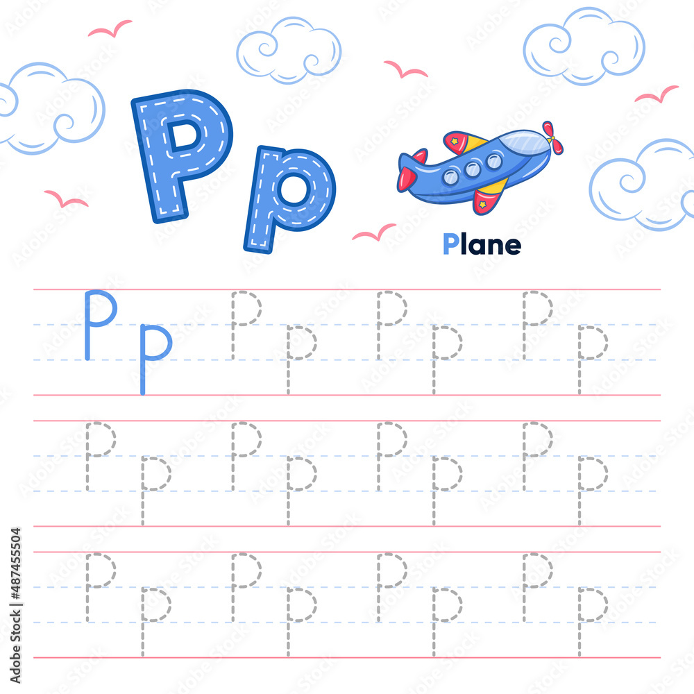 Alphabet worksheet letter P learning with cute plane drawing Stock ...