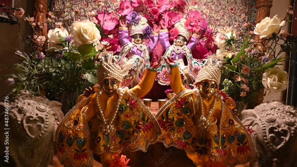 Altar in the Hare Krishna temple, close up. Deities. Home altar for ...
