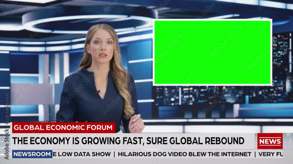 Newsroom TV Studio Live News Program: Caucasian Female Presenter ...