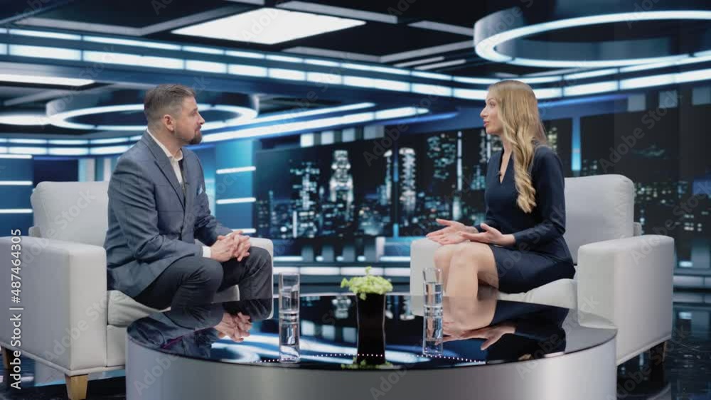 Talk Show TV Program: Two Professional Presenters Talk, Discuss News ...