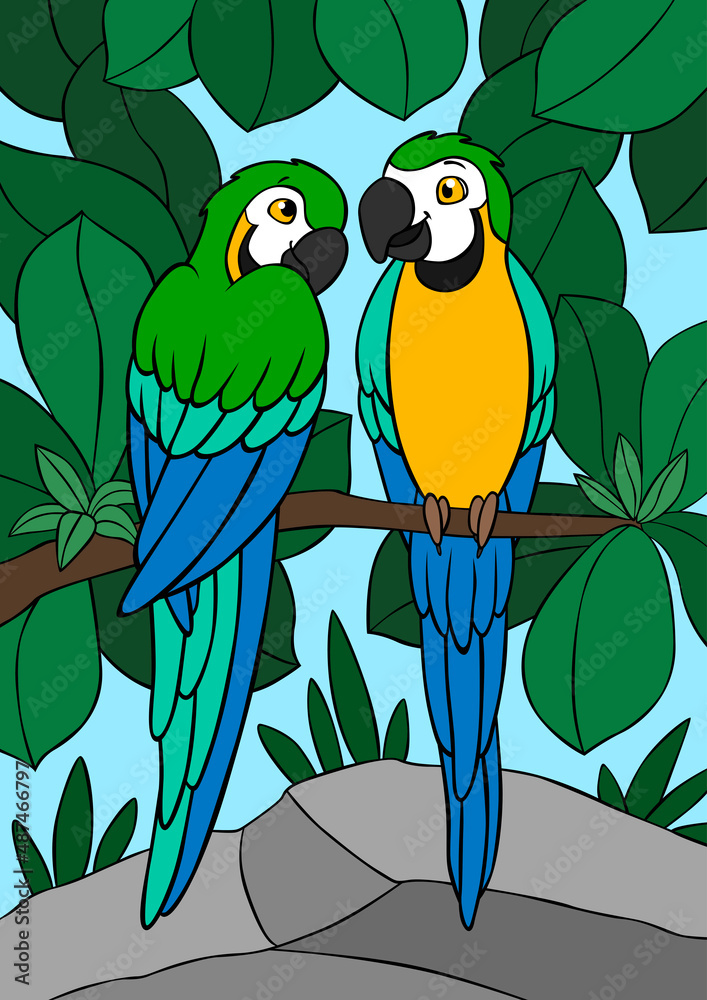 Cartoon birds. Two cute parrots yellow macaw sit on the tree branch ...