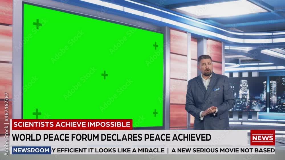 Newsroom TV Studio Live News Program: Caucasian Male Presenter ...