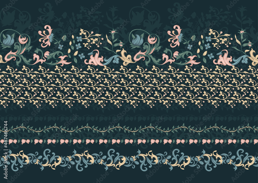 Floral vintage border line seamless pattern. Medieval illuminati ...