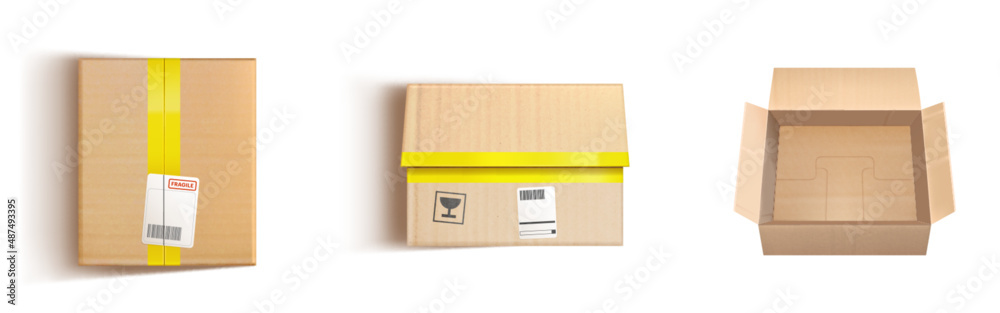 Empty cardboard boxes, brown carton package with yellow adhesive tape ...