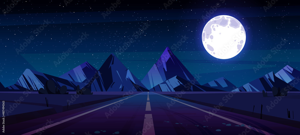 Night landscape with straight highway and mountains under starry sky ...