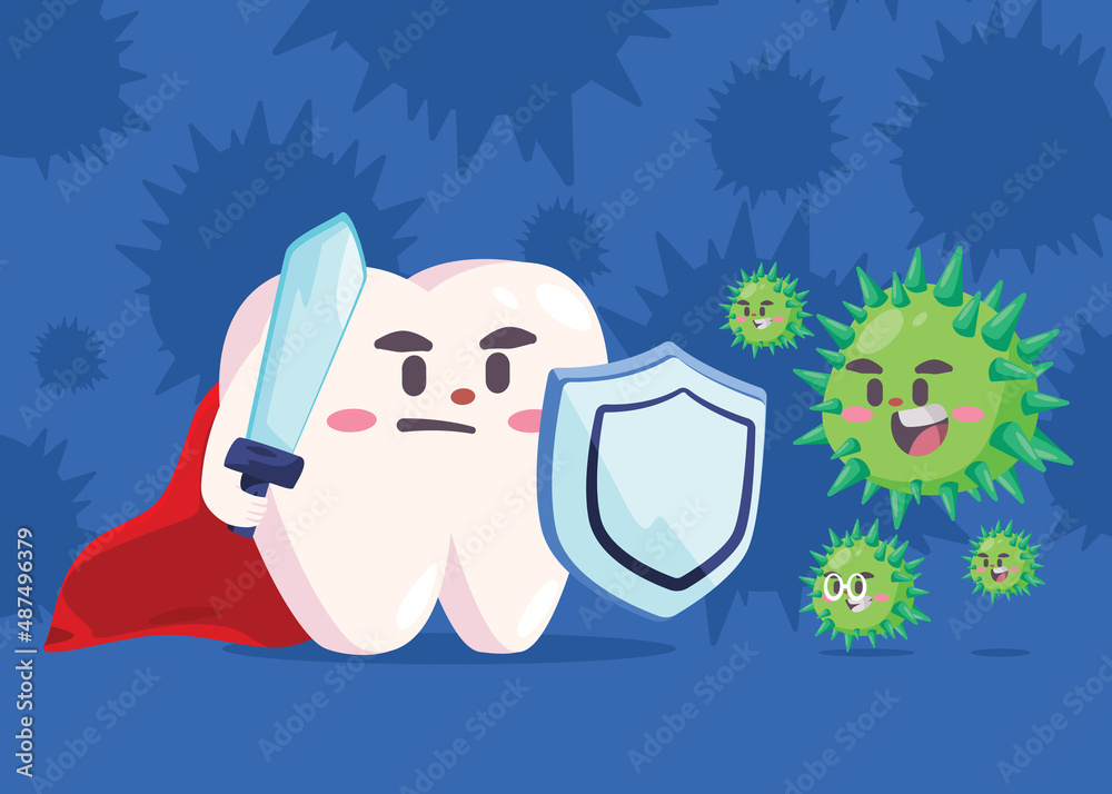Dental teeth healthy character superhero holding sword and shield fight ...