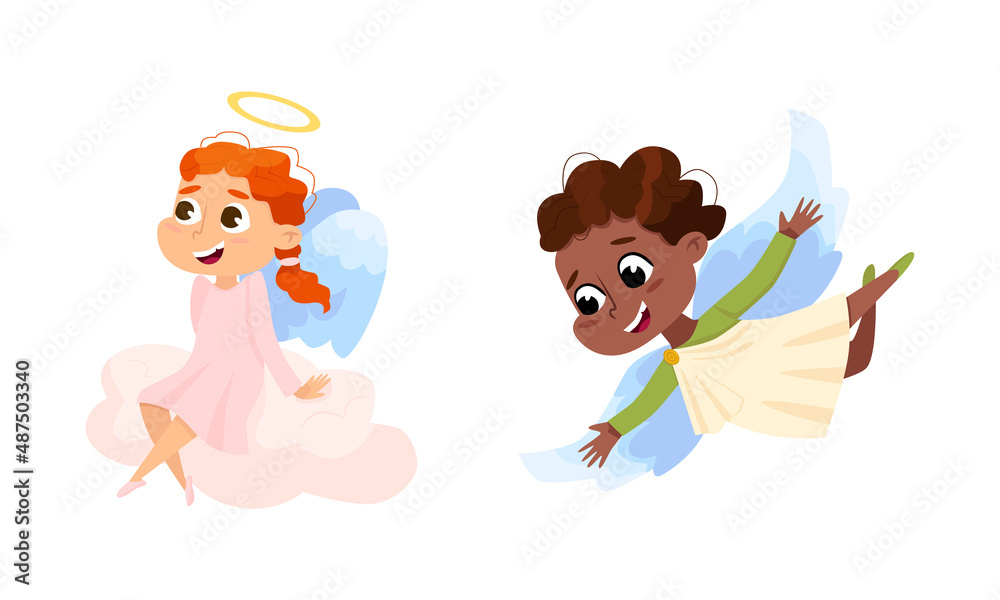 Adorable baby angels. Angelic boy and girl with wings flying and ...