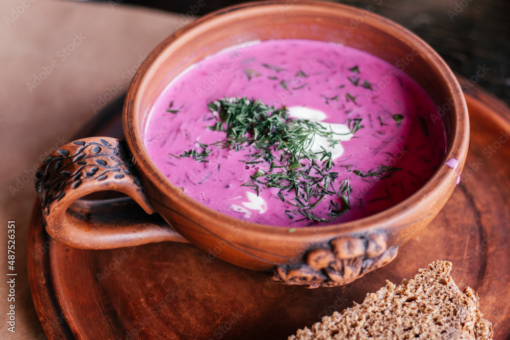 Delicious tasty thick purple pink beetroot soup on kefir cultured ...