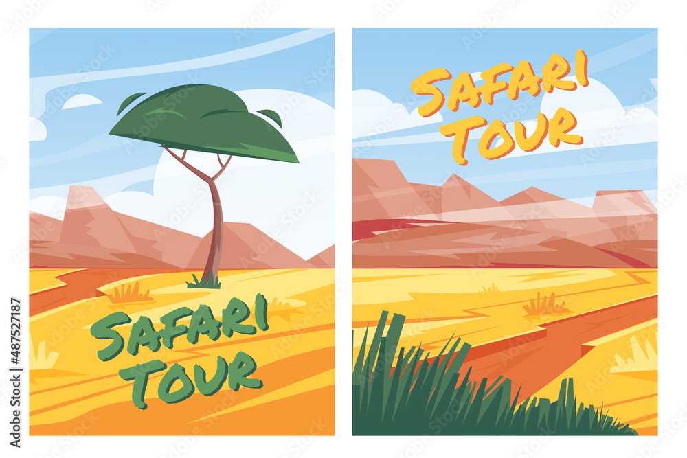 Safari tour posters template with African landscape. Cartoon vector ...