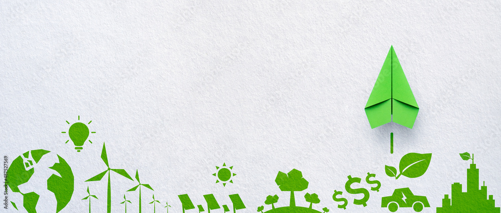 Green paper plane with energy environment icons on white background ...