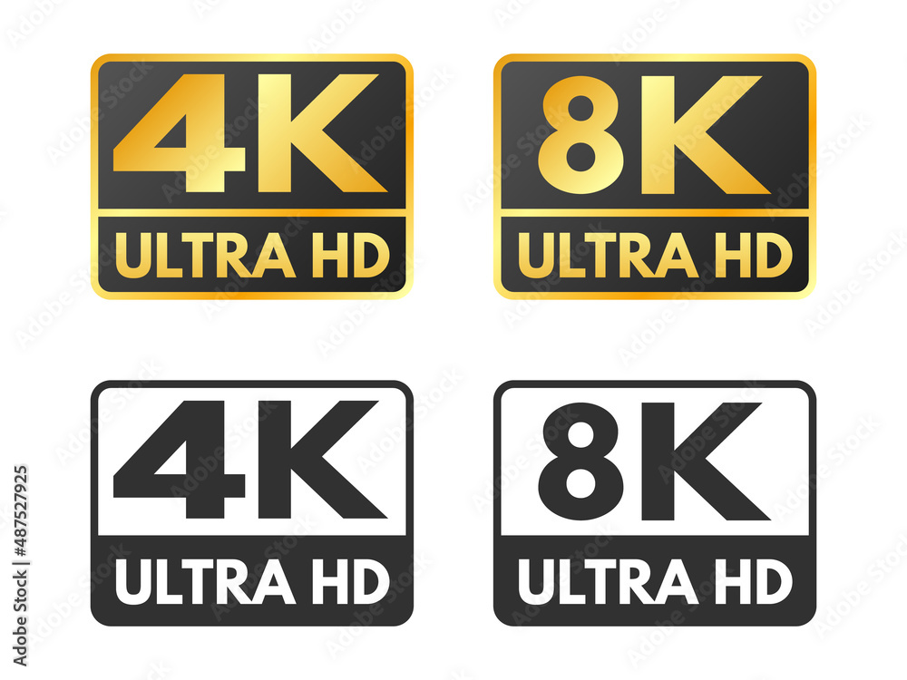 4K and 8K icons. Gold UHD symbol set. High definition labels on white ...