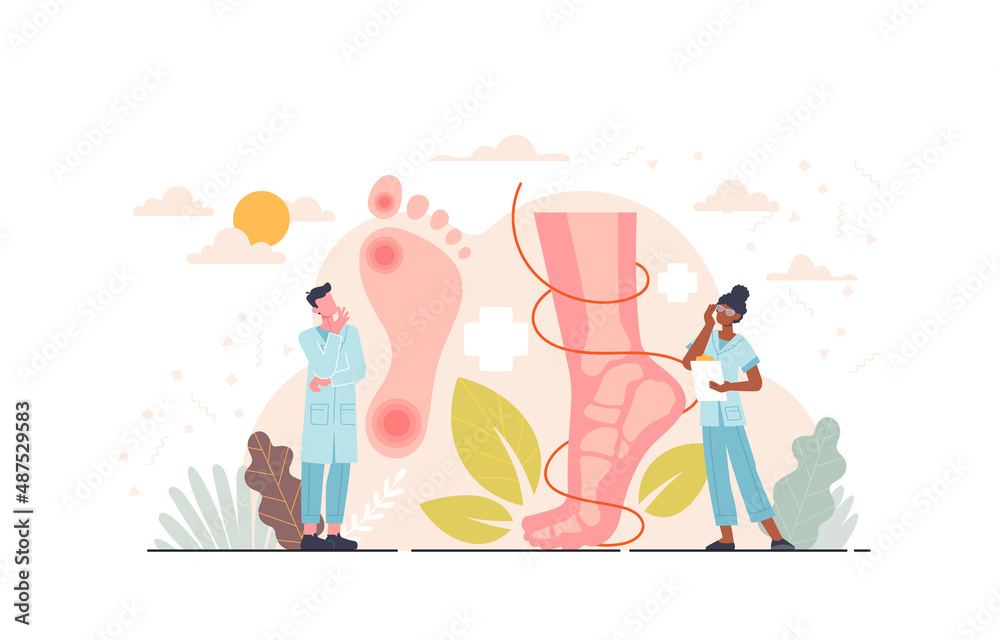 Concept of podiatry. Doctors stand against background of images of legs ...