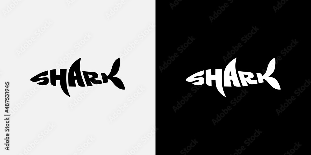 Stylized word in shape of shark. Set of black and white sharks. Design ...