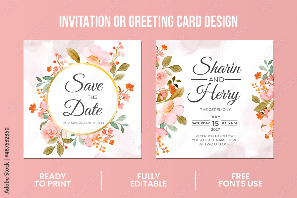 Floral square luxury wedding invitation or greeting card with ...