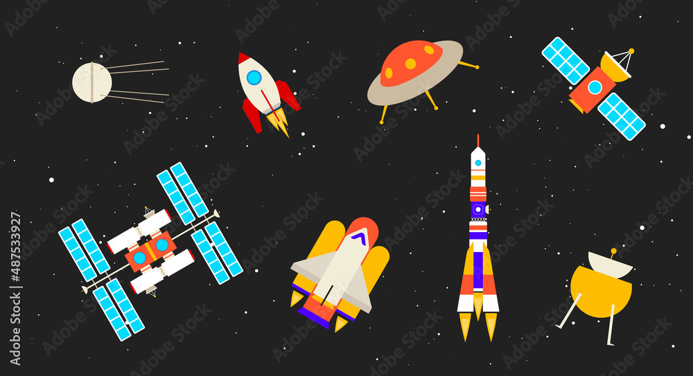 A collection of various spaceships. Space, starry sky background. Flat ...