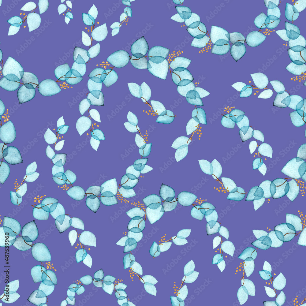 Watercolor seamless pattern with blue eucalyptus wreath with ...
