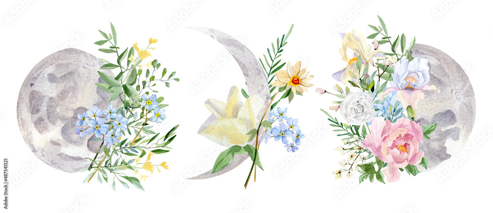 Watercolor phase of the moon with flower bouquet illustration logo ...