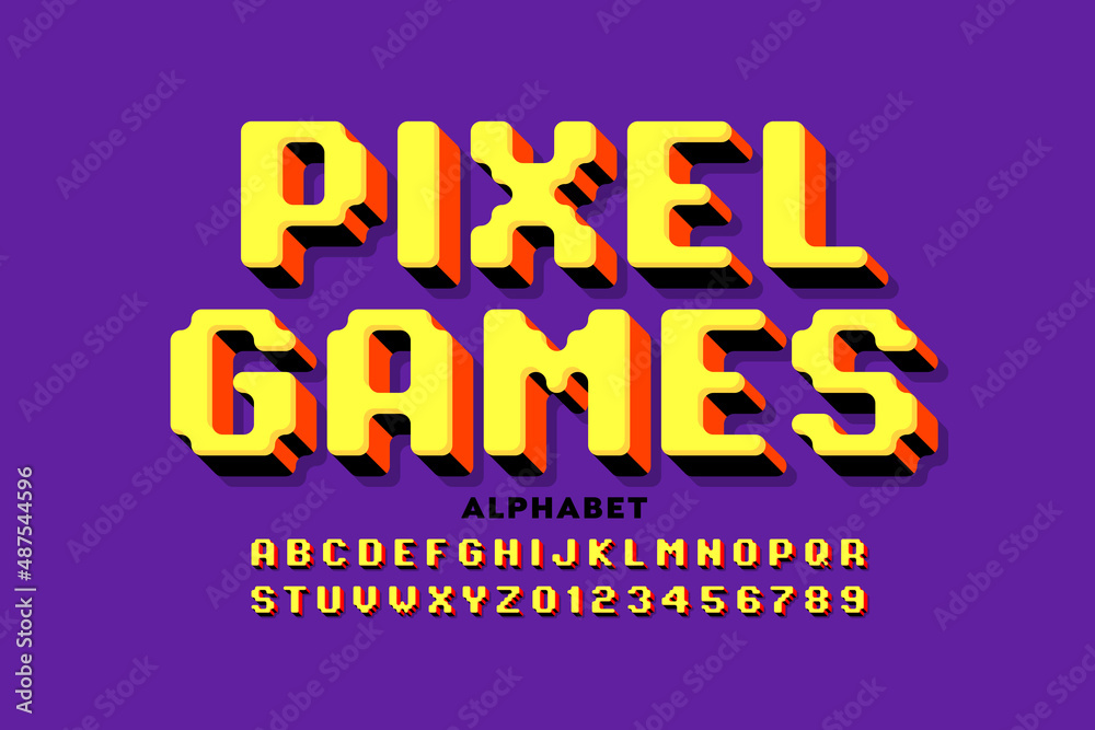 Pixel arcade games style font design, 3d alphabet, letters and numbers ...