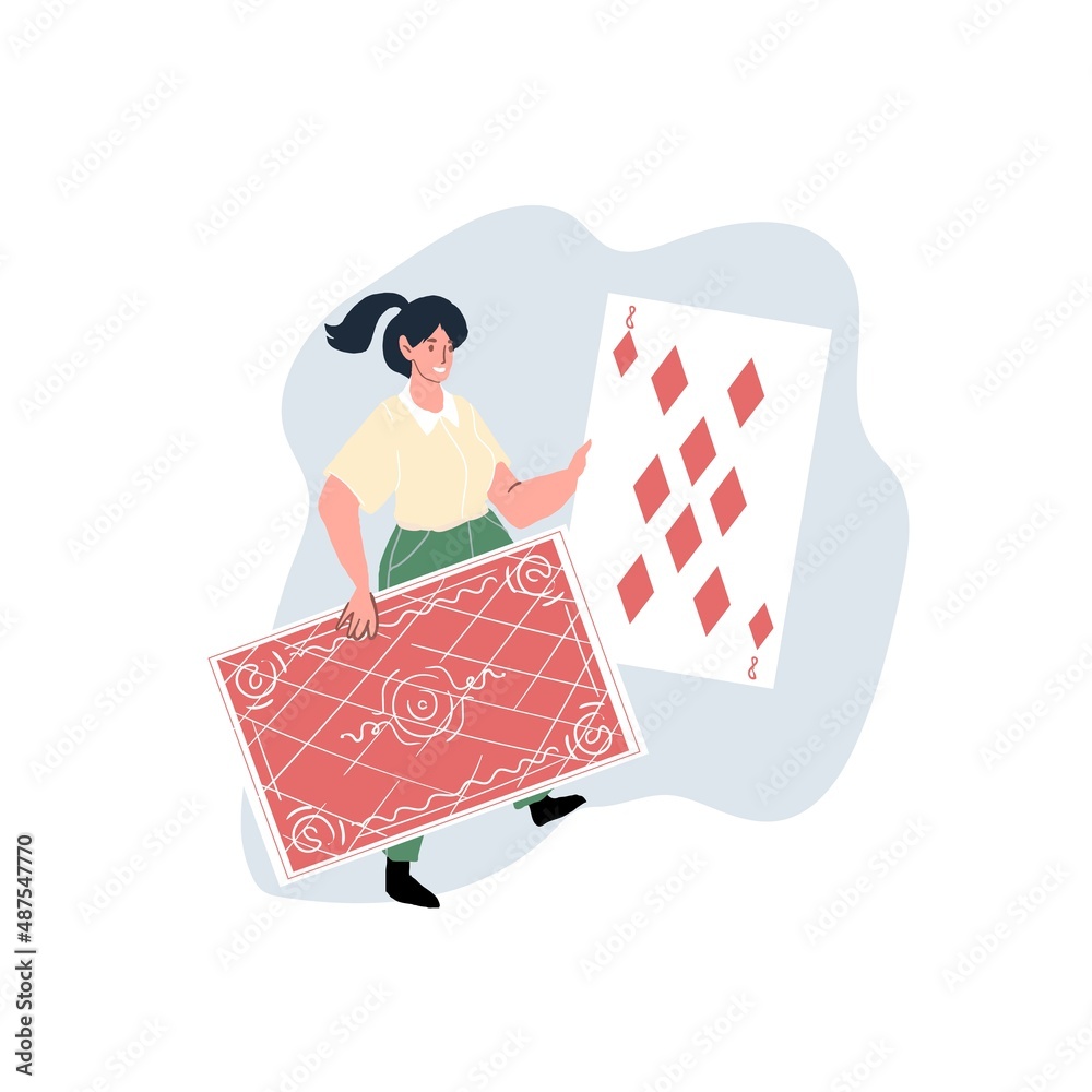 Vector flat cartoon character with playing card building house of cards ...