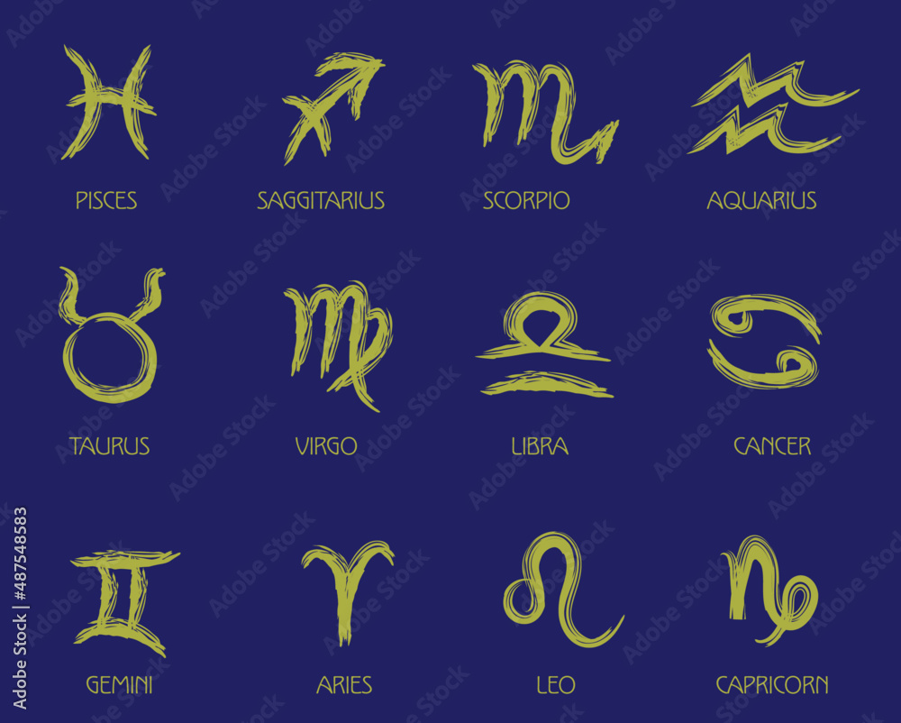 zodiac signs, icons, horoscope symbols, hand-drawn vector, gold strokes ...