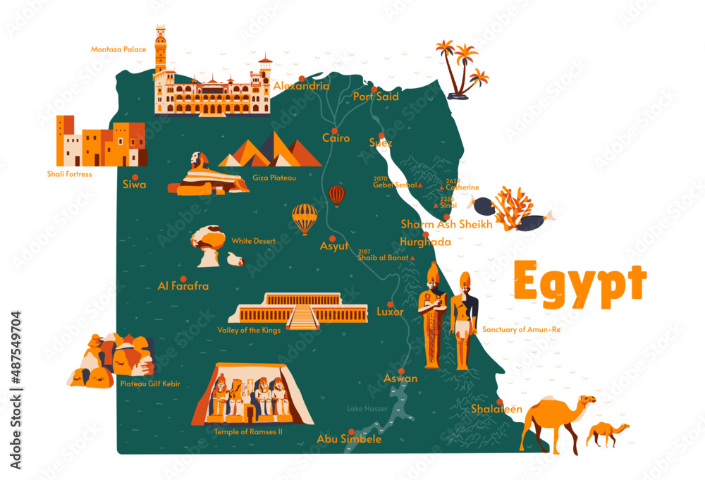 Vector map of Egypt. Sights. Historical places. Tourism. Cities. Guide ...