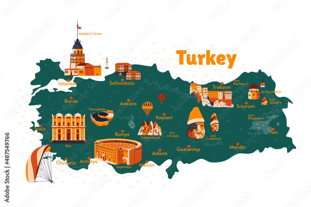 Vector map of Turkey. Sights. Historical places. Tourism. Cities. Guide ...