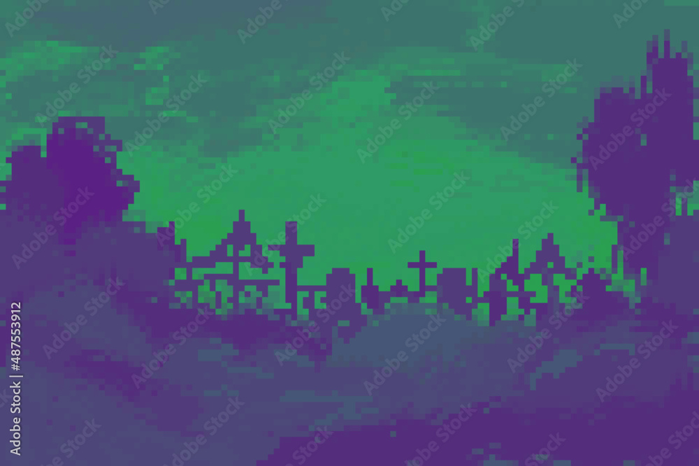 Creepy cemetery landscape illustration. Artistic background in pixel ...