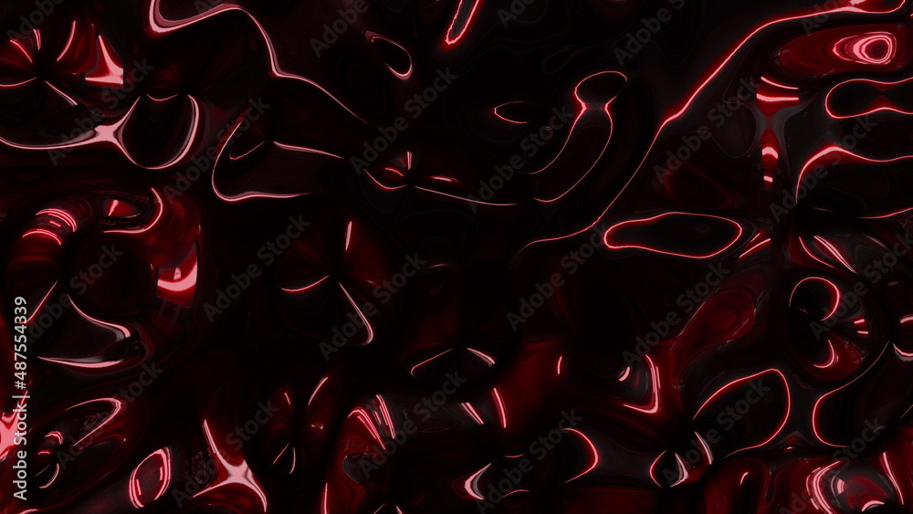 Iridescent metallic vibrant dark red color surface with moving ripples ...