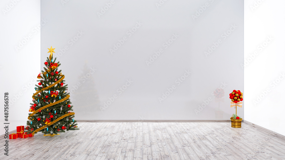 Empty room decorate with Christmas tree 3d render, The room has wooden ...