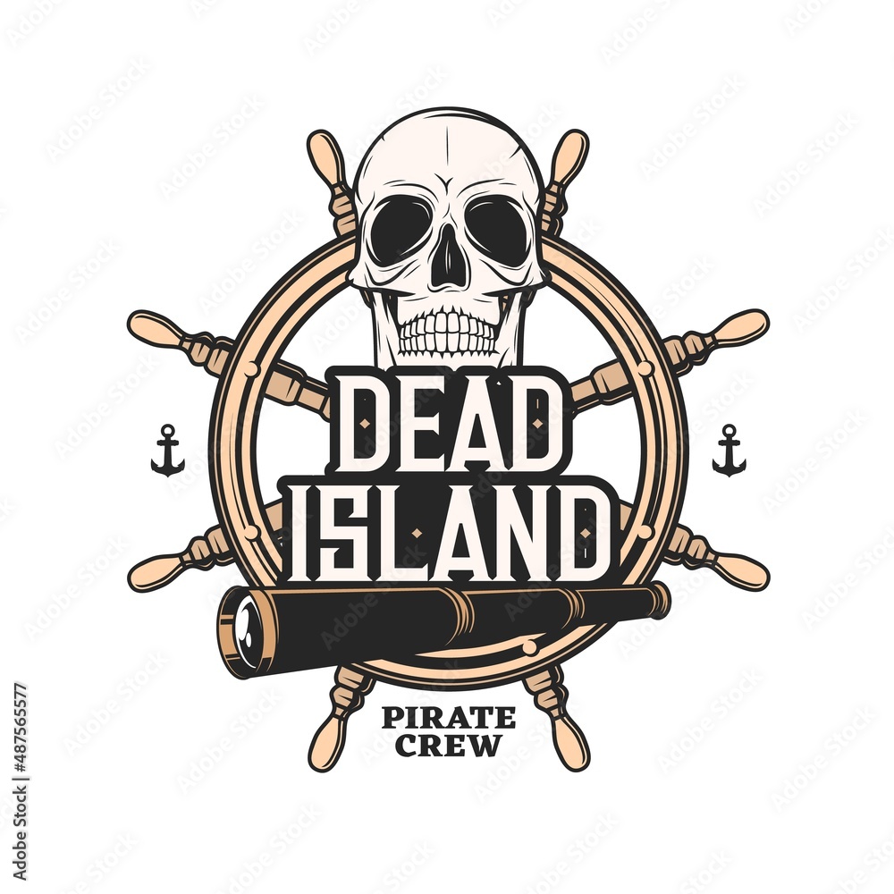 Pirate crew icon with vector skull, helm of sea ship or sail boat ...