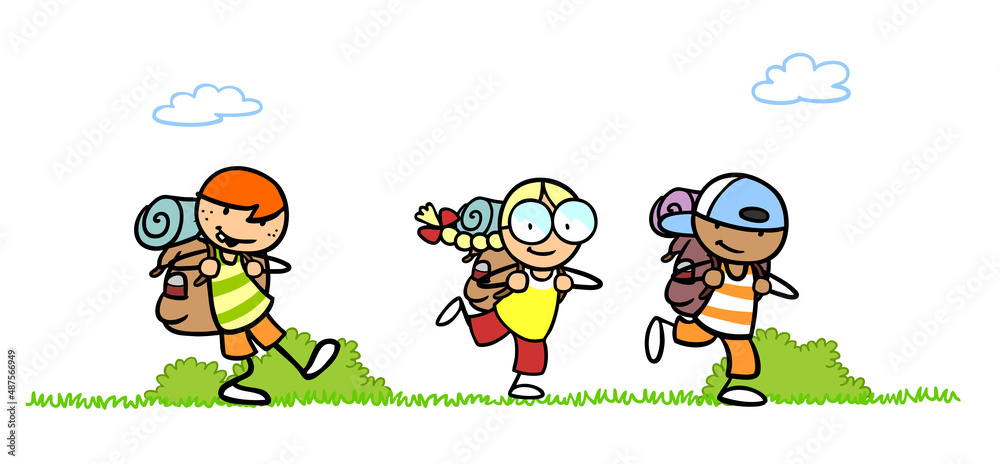 Gruppe Kinder beim Wanderung in Natur im Sommer Stock Illustration ...