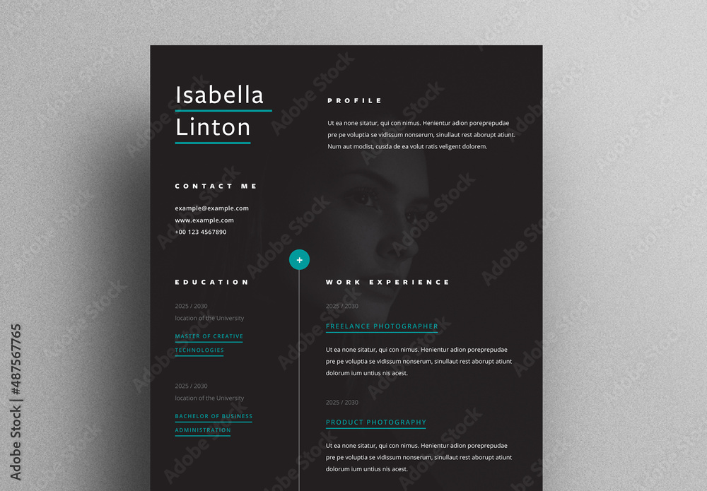 Dark Mode Resume Layout with Huge Background Photo Placeholder Stock ...