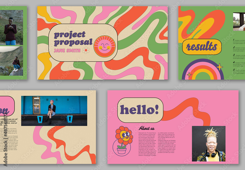 Retro 60S Illustrative Pitch Deck Layout Stock Template | Adobe Stock